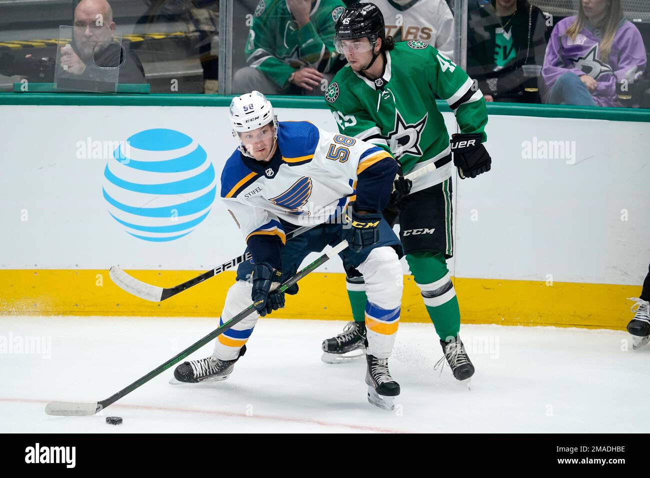 St. Louis Blues right wing Mathias Laferriere (58) looks to make a pass ...
