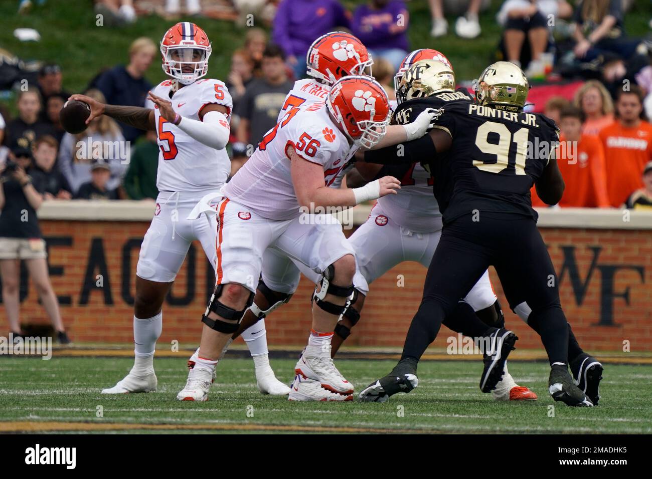 Clemson quarterback DJ Uiagalelei (5) looks to pass against Wake Forest ...