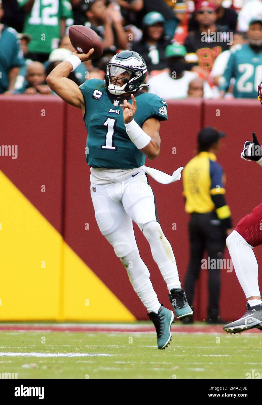 Philadelphia Eagles quarterback Jalen Hurts (1) throws during an NFL ...