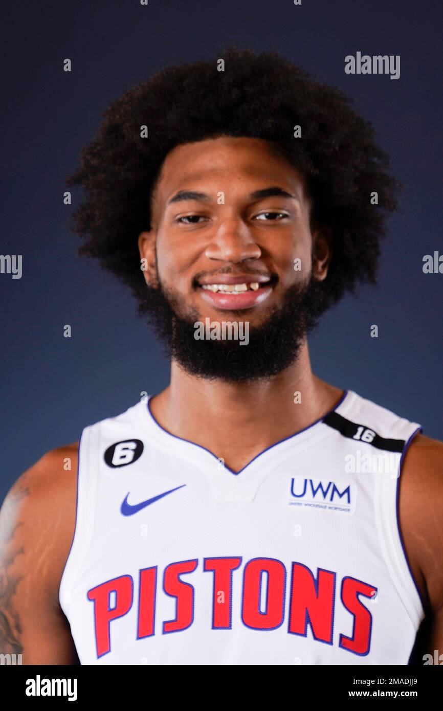 Detroit Pistons forward Marvin Bagley III poses during the NBA basketball team's Media Day in ...