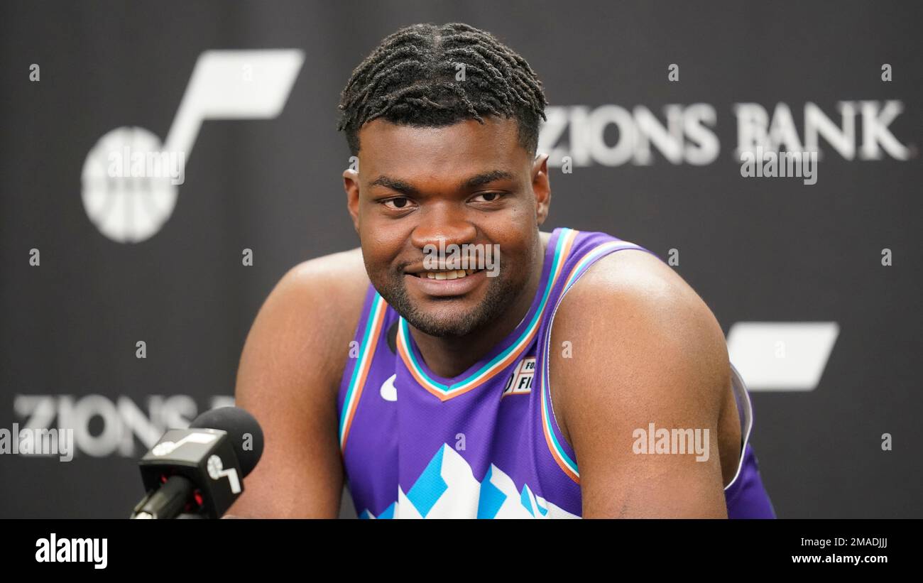 Utah Jazz's Udoka Azubuike speaks during an NBA basketball Media Day ...