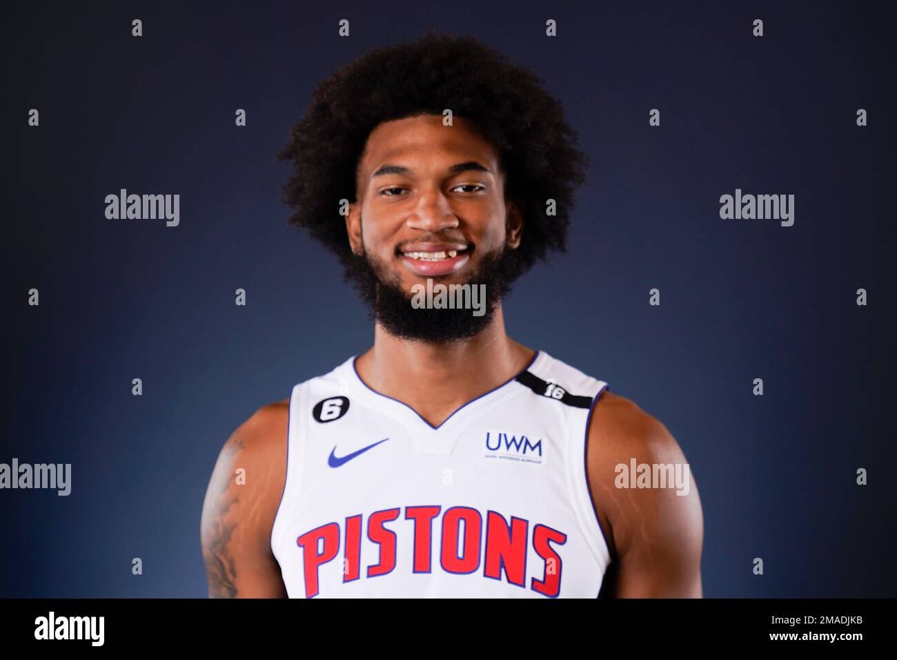 Detroit Pistons forward Marvin Bagley III poses during the NBA basketball team's Media Day in ...