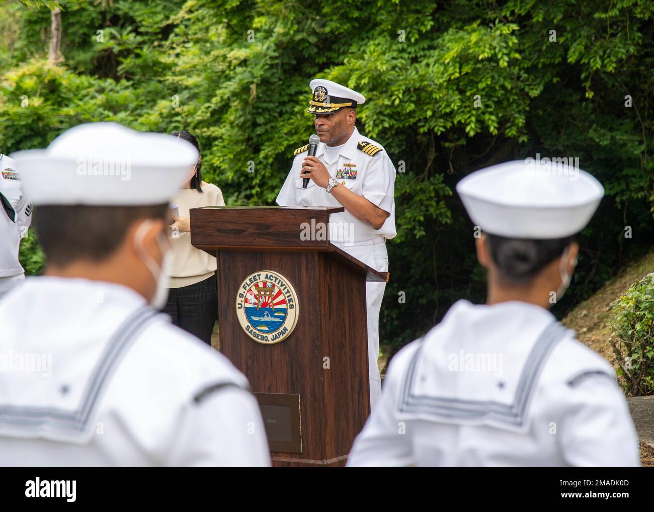 Capt. David Adams, Commander, Fleet Activities Sasebo speaks during a ...