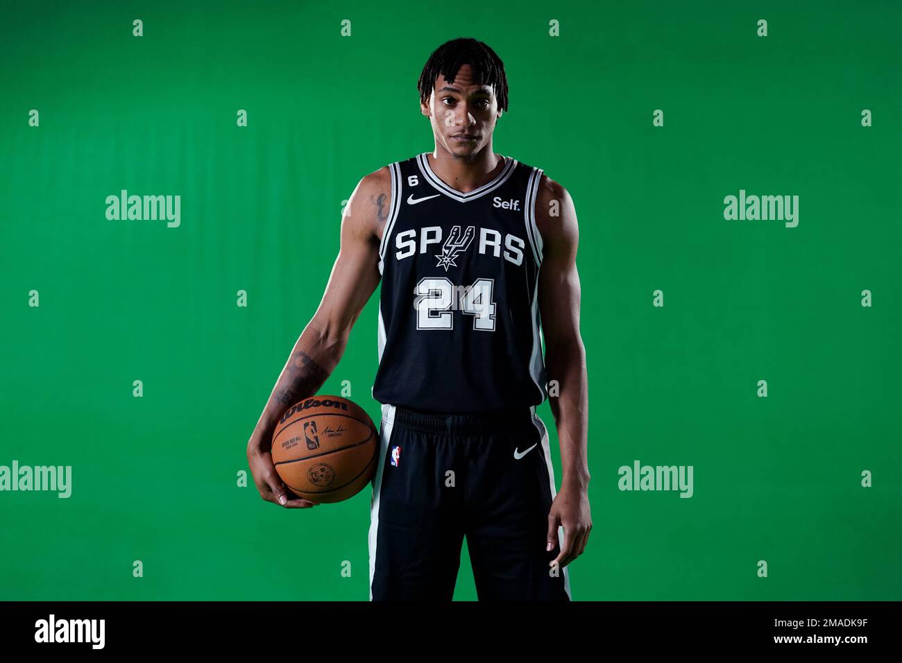 San Antonio Spurs guard Devin Vassell (24) poses for photos during the ...