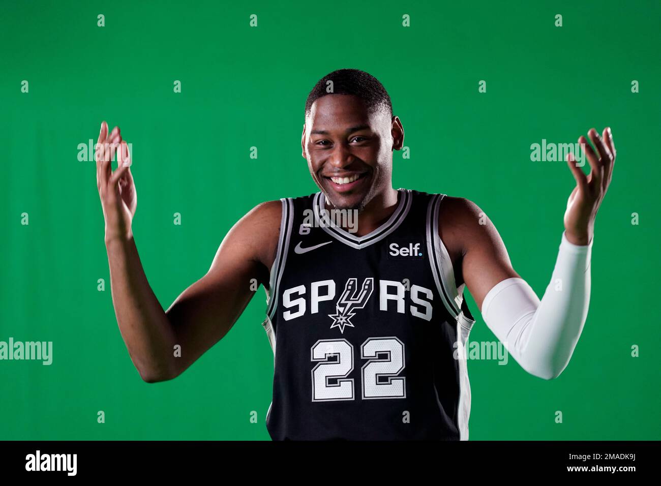 San Antonio Spurs guard Malaki Branham (22) poses for photos during the ...