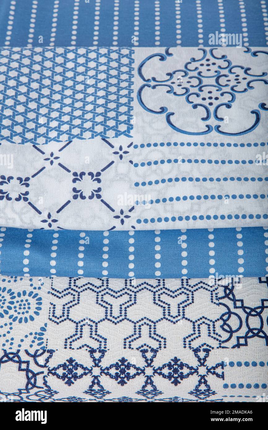 Linens set. Bedding set isolated on white. Set with stacks of clean bed ...