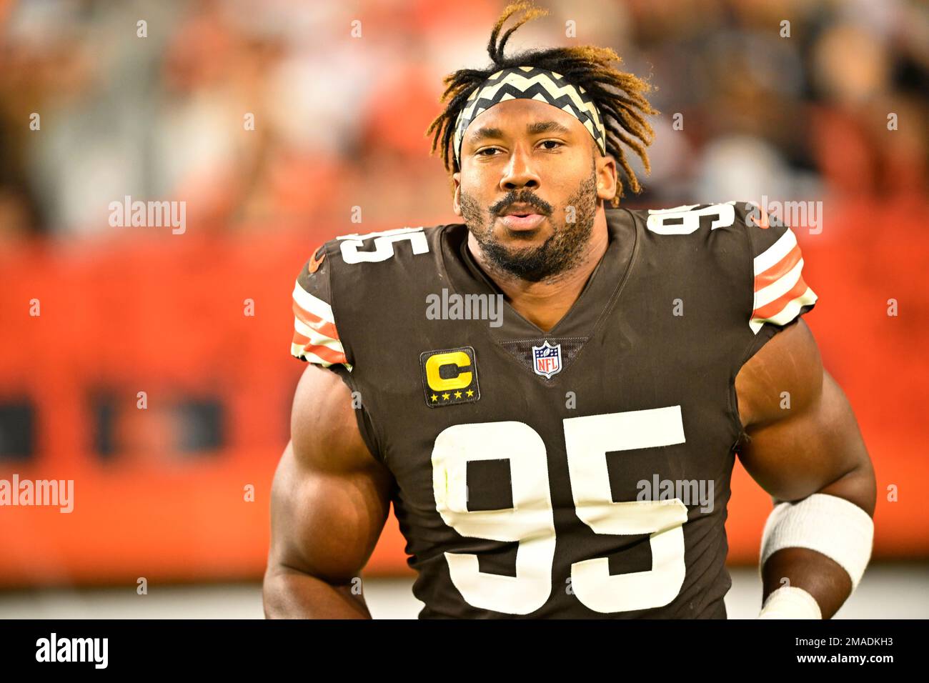 Cleveland Browns defensive end Myles Garrett (95) runs on the field ...