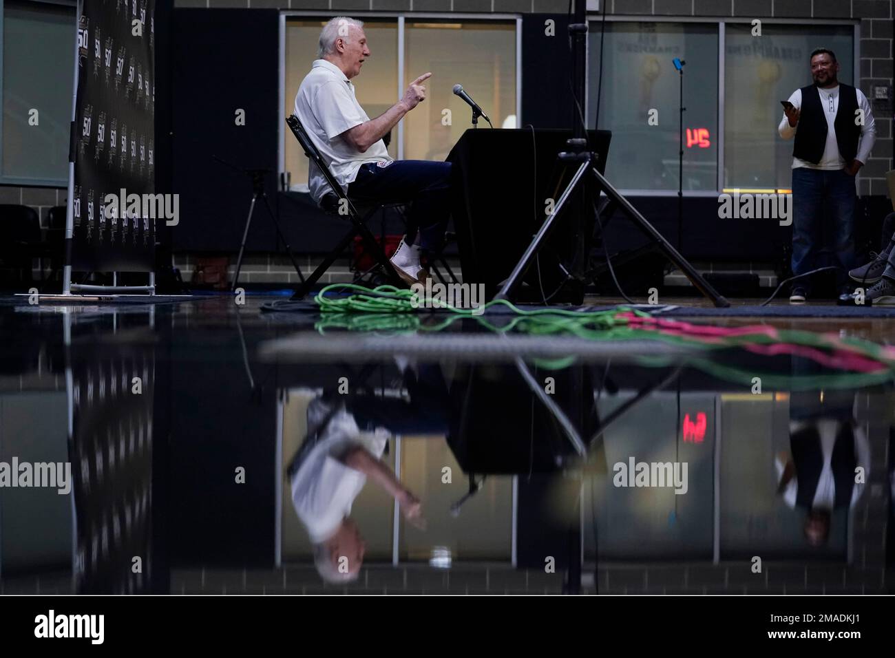 San Antonio Spurs head coach Gregg Popovich talks to the media during ...