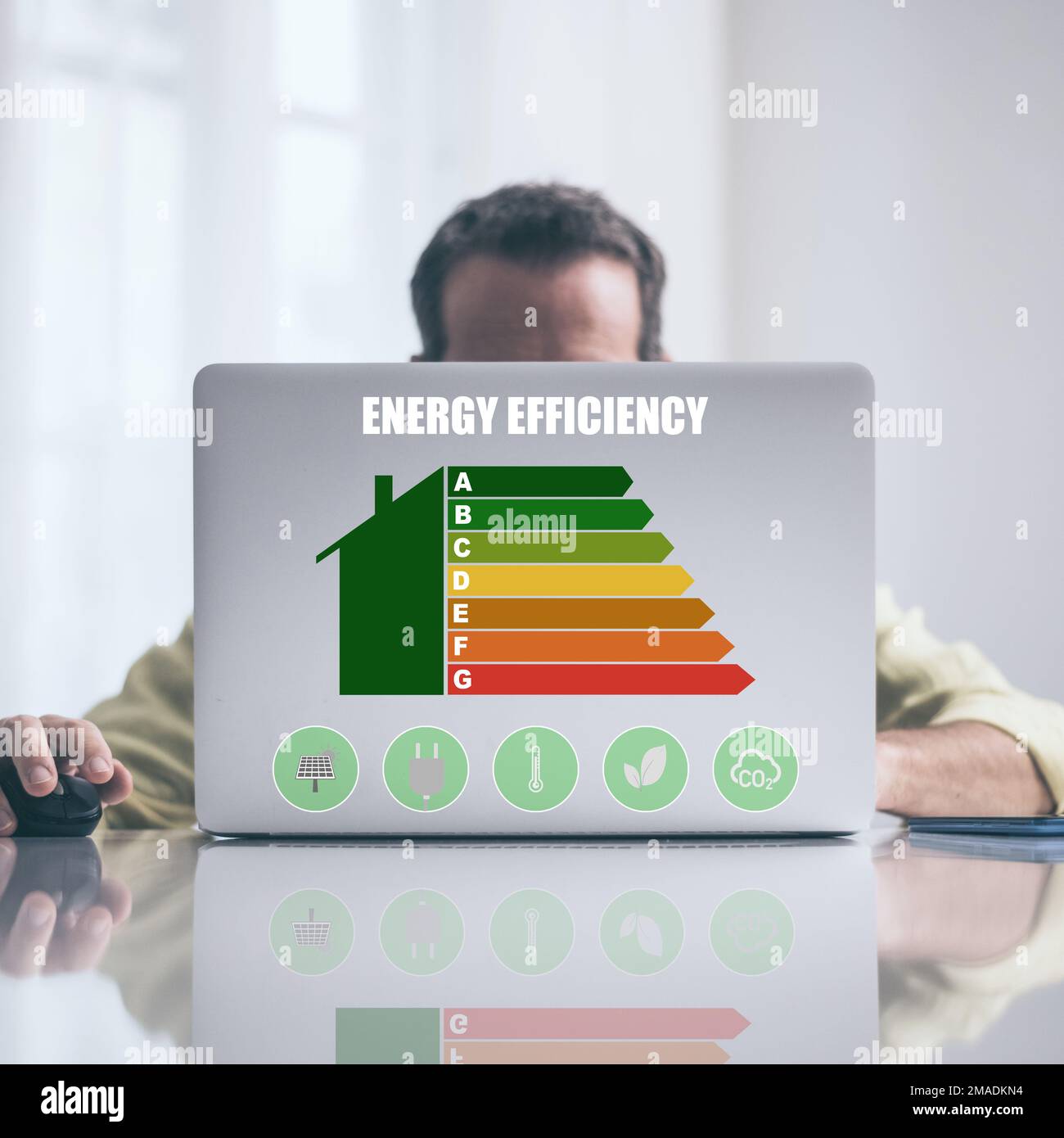 Man calculating energy buildings efficiency class. Ecological and bio ...