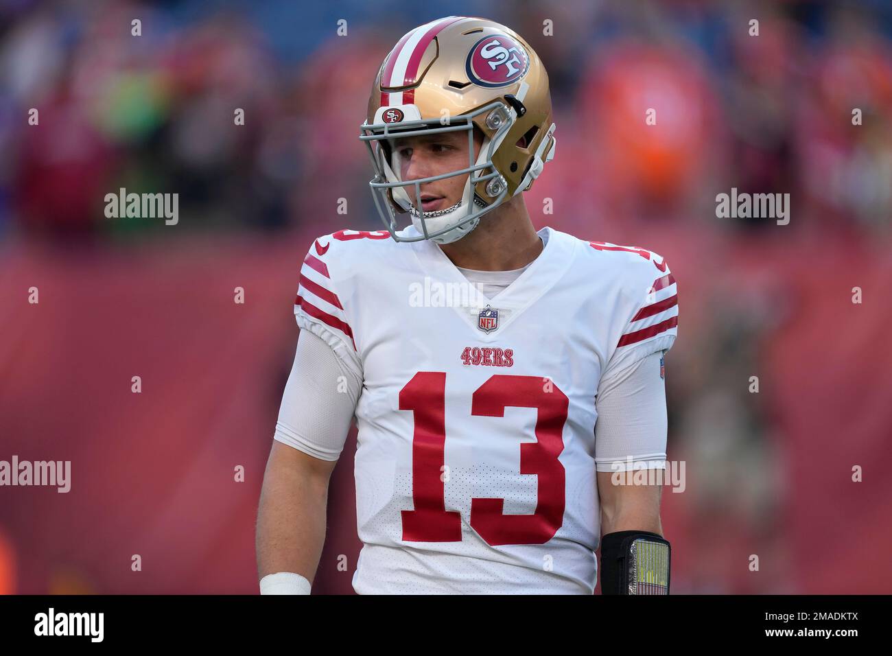 San Francisco 49ers quarterback Brock Purdy warms up before an NFL ...
