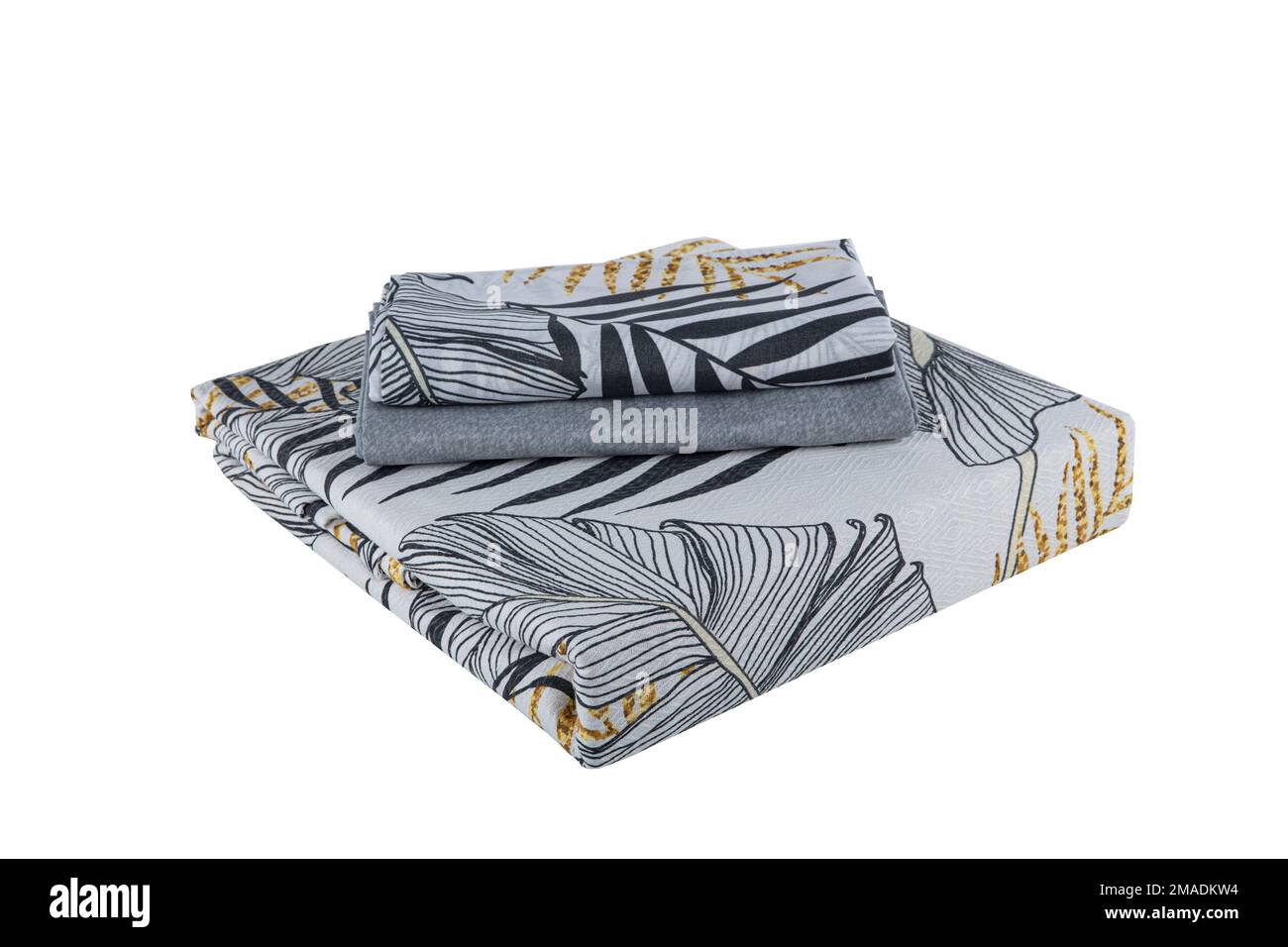 Linens set. Bedding set isolated on white. Set with stacks of clean bed ...