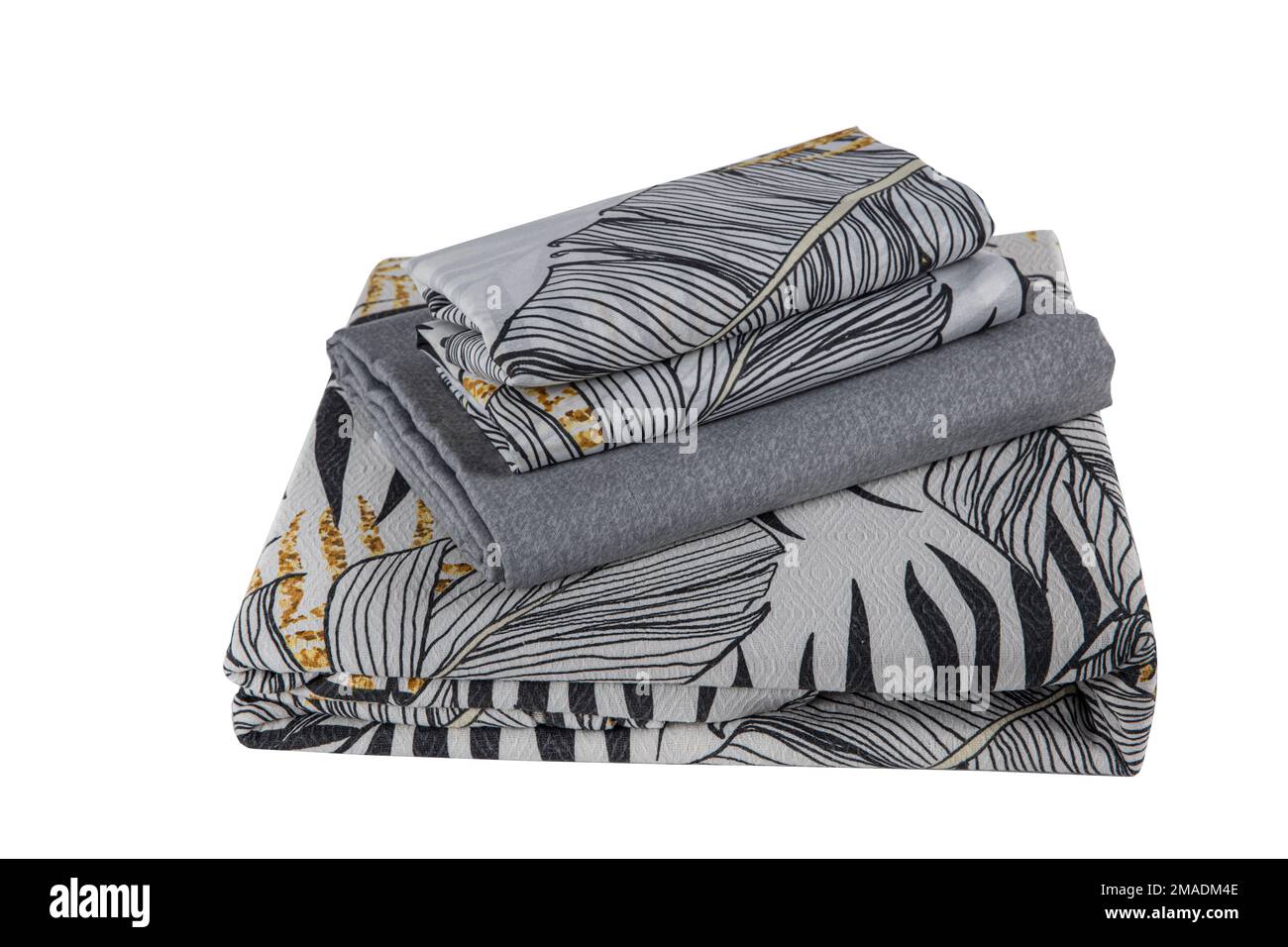 Linens set. Bedding set isolated on white. Set with stacks of clean bed ...