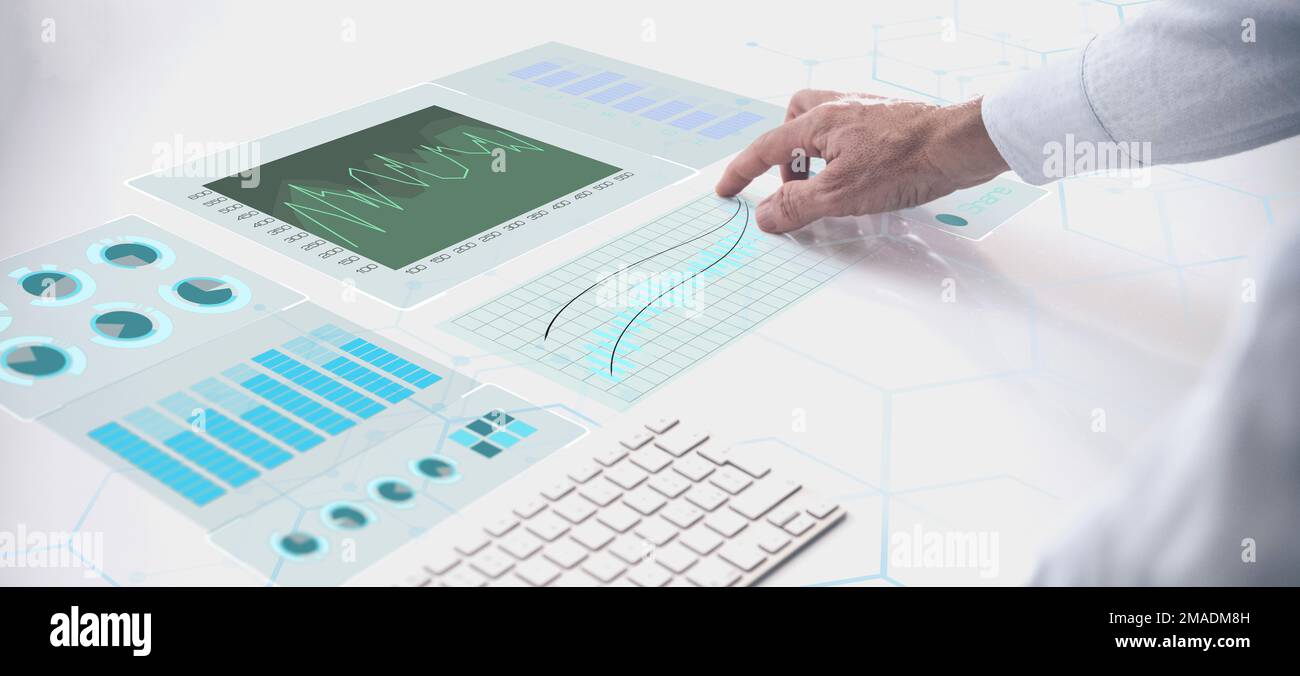 Graphs, charts on virtual desktop screen. Businessman works statistical ...