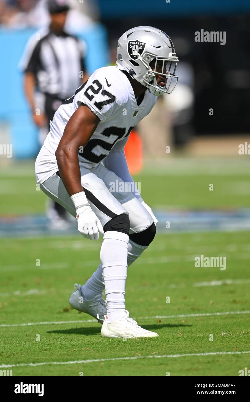 Las Vegas Raiders cornerback Javelin Guidry (27) plays against the ...