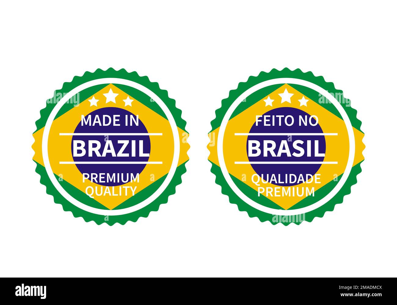 Made in Brazil labels round in English and in Portuguese languages ...