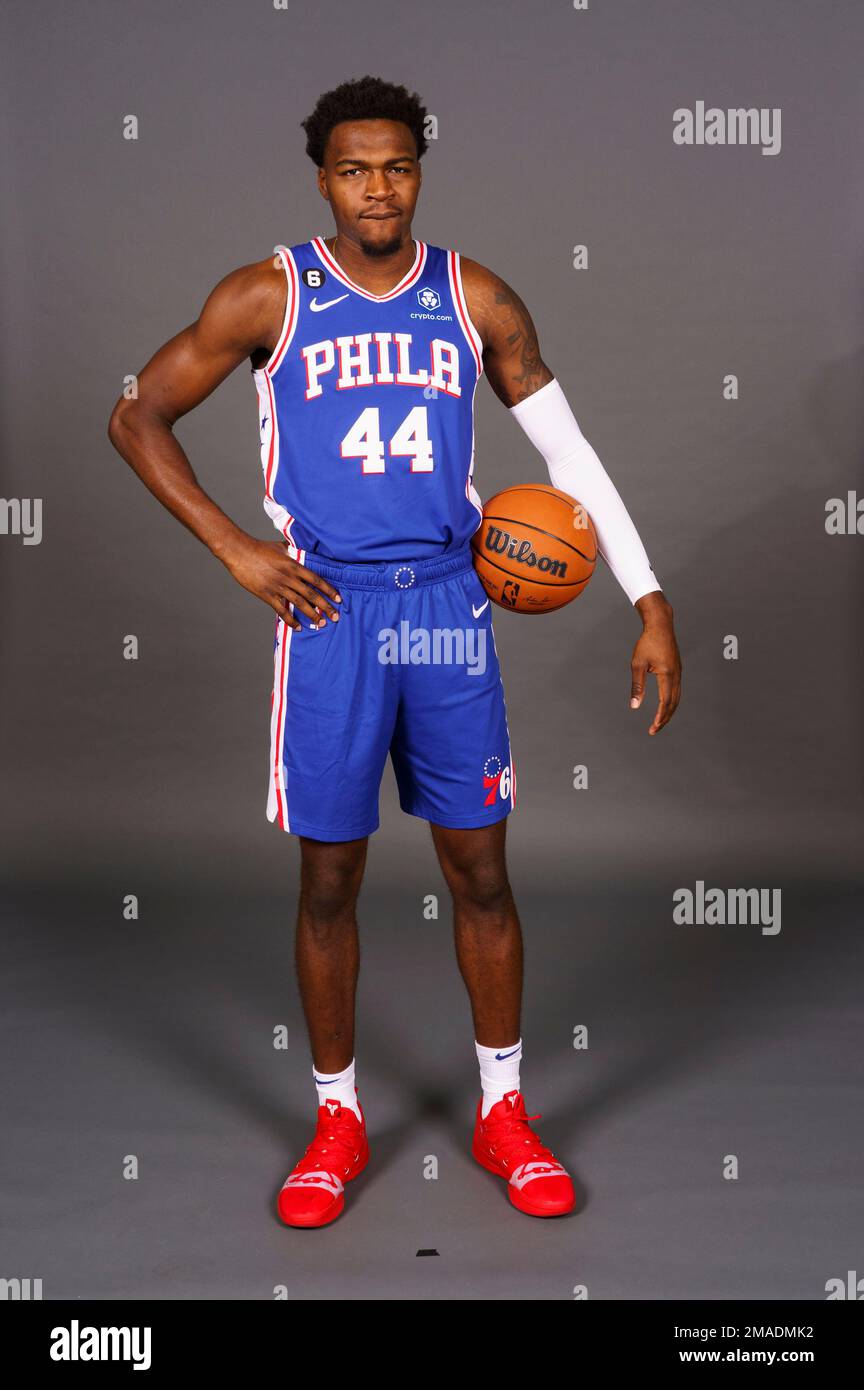 Philadelphia 76ers' Paul Reed poses for a photograph during media day ...