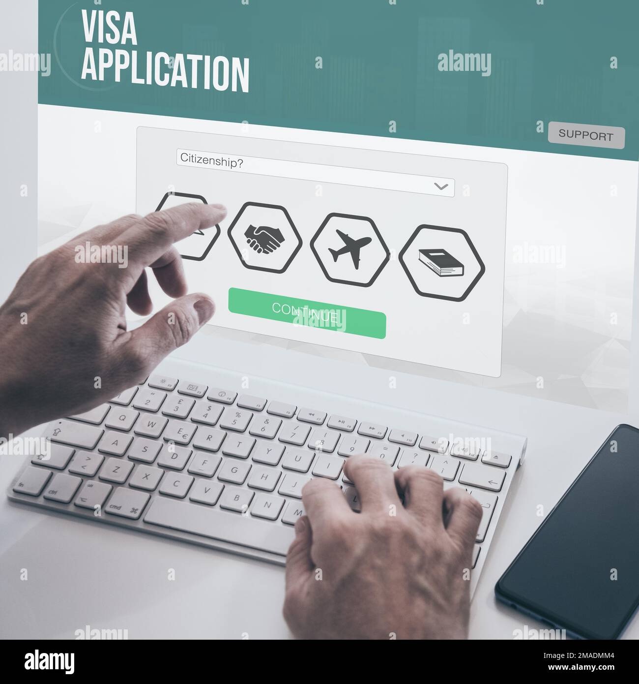 Man filling visa application form on virtual laptop. Work recruitment ...