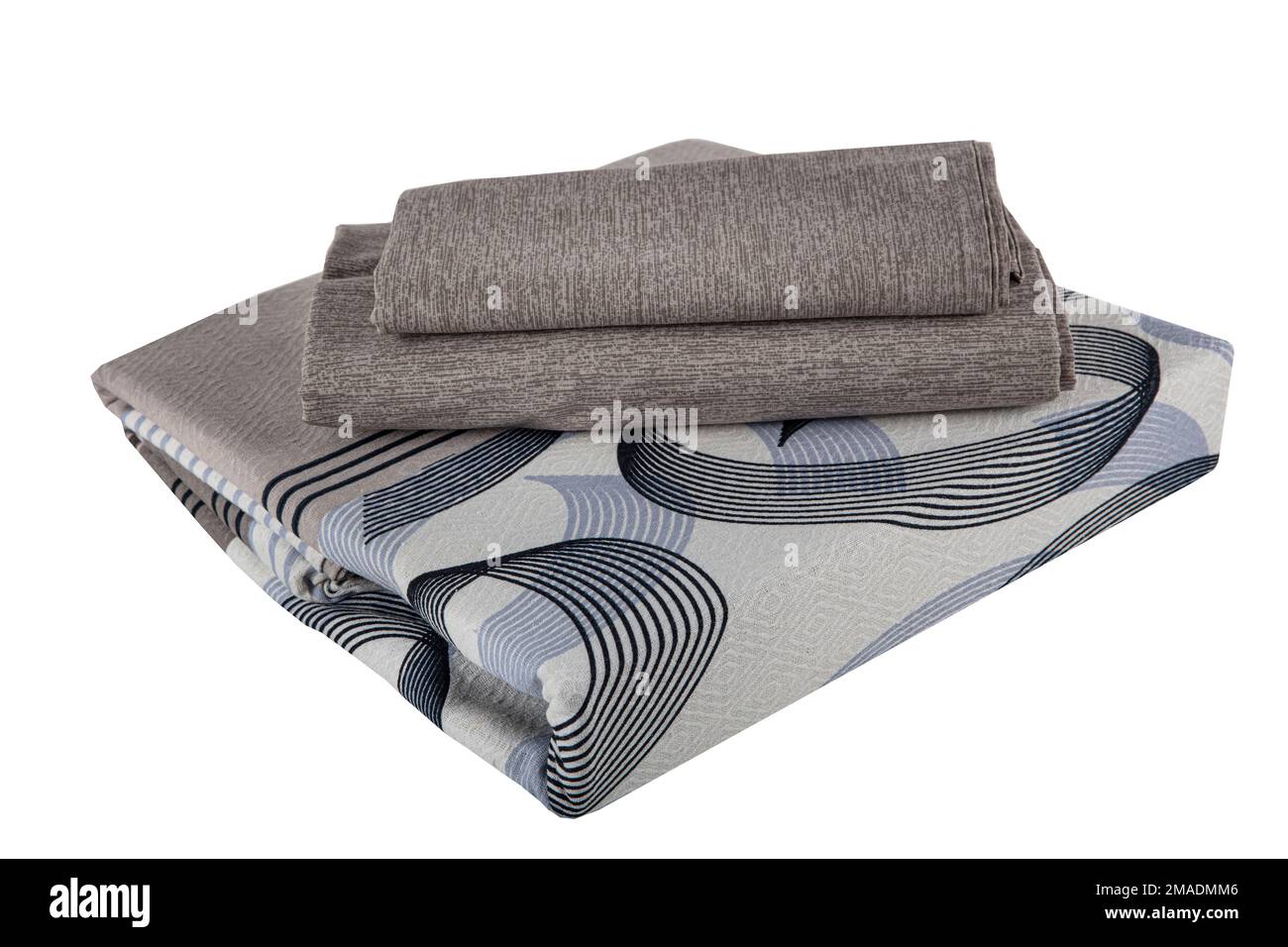 Linens set. Bedding set isolated on white. Set with stacks of clean bed ...