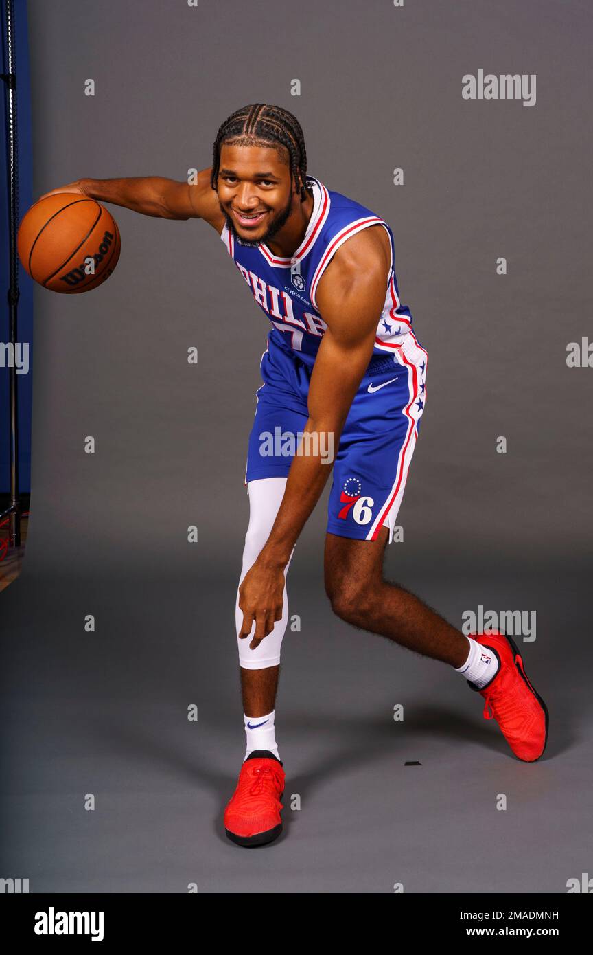 Philadelphia 76ers' Isaiah Joe poses for a photograph during media day ...