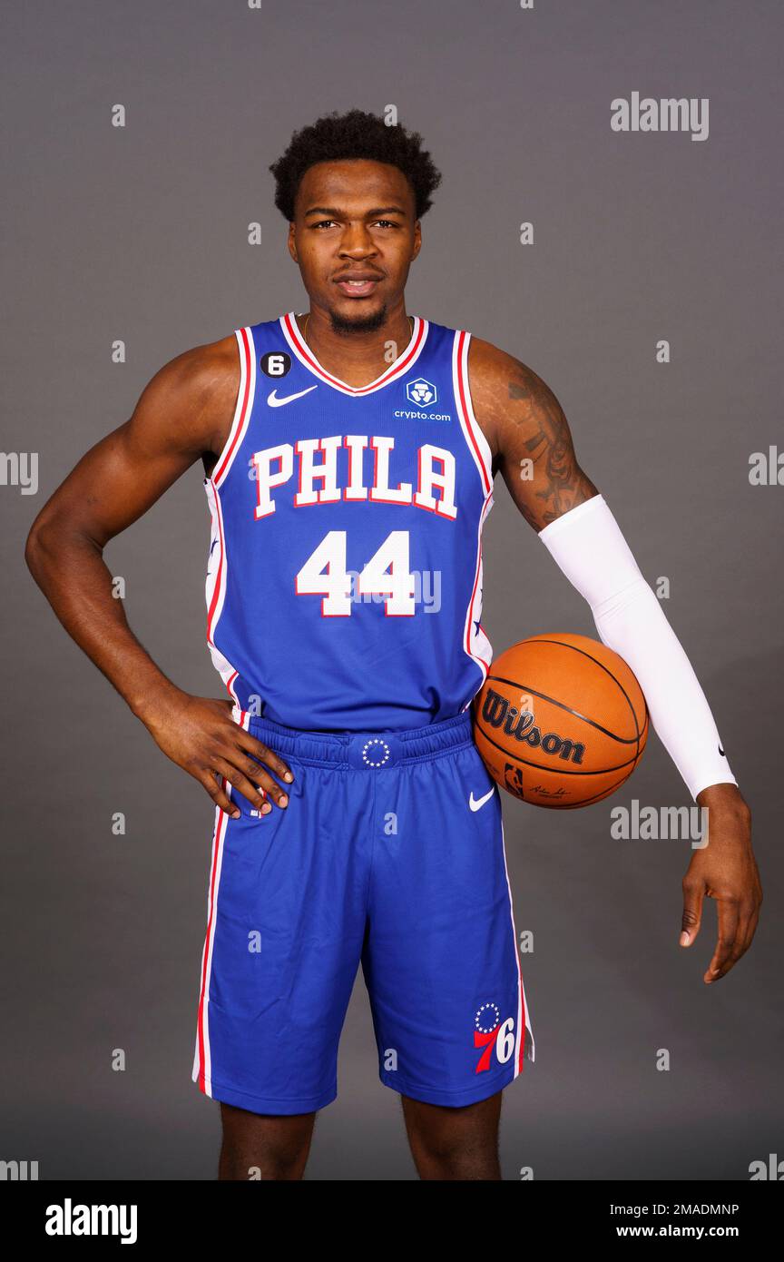 Philadelphia 76ers' Paul Reed poses for a photograph during media day ...
