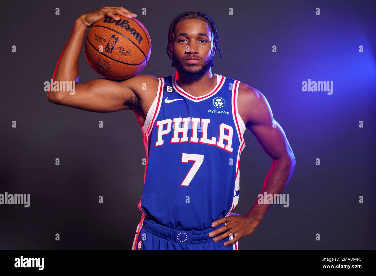 Philadelphia 76ers' Isaiah Joe poses for a photograph during media day ...
