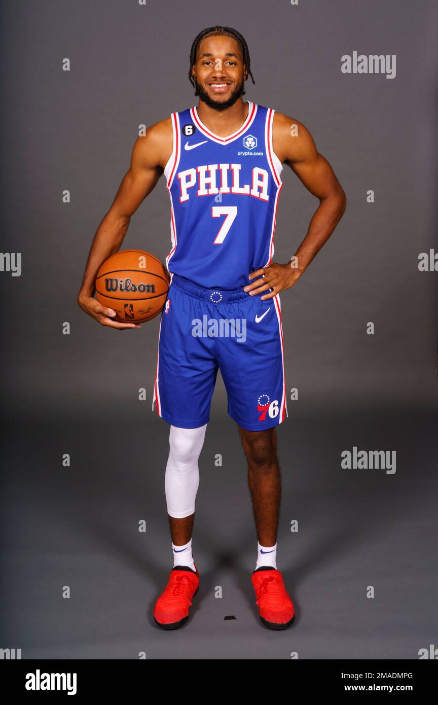 Philadelphia 76ers' Isaiah Joe poses for a photograph during media day ...
