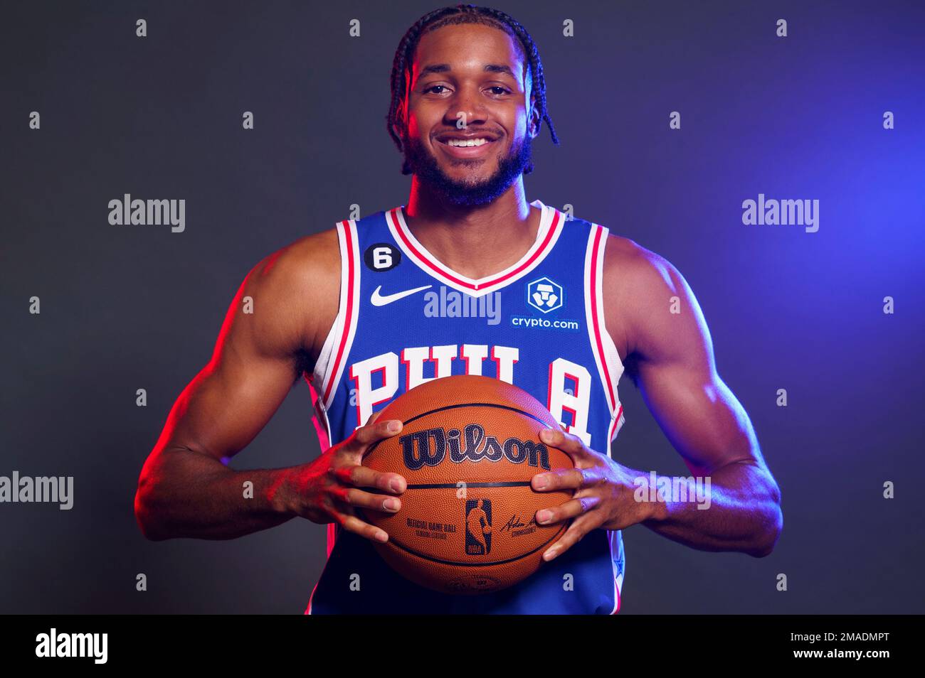 Philadelphia 76ers' Isaiah Joe poses for a photograph during media day ...
