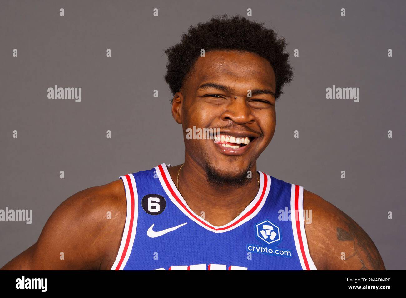 Philadelphia 76ers' Paul Reed poses for a photograph during media day ...