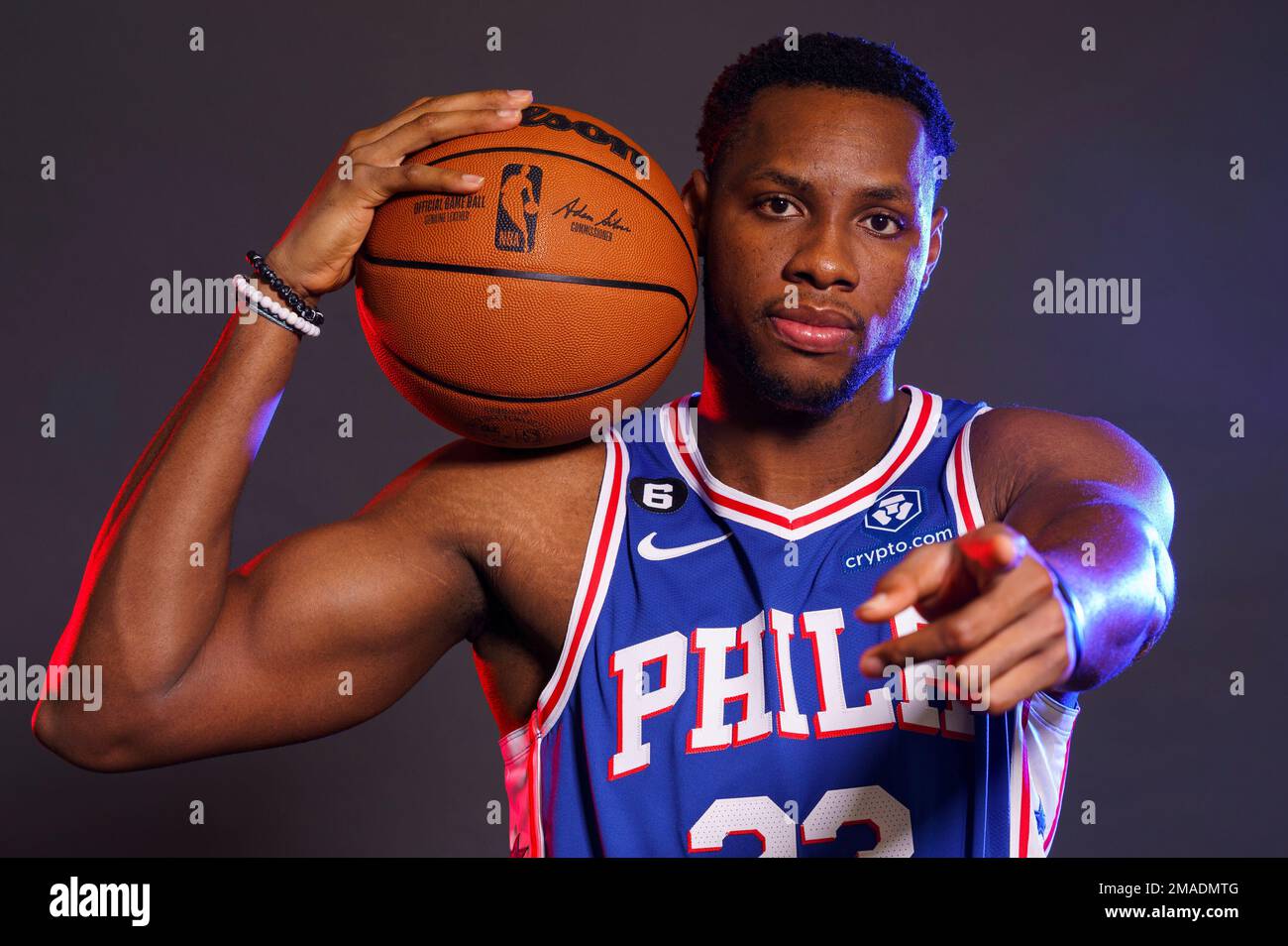 Philadelphia 76ers' Charles Bassey poses for a photograph during media day at the NBA basketball ...