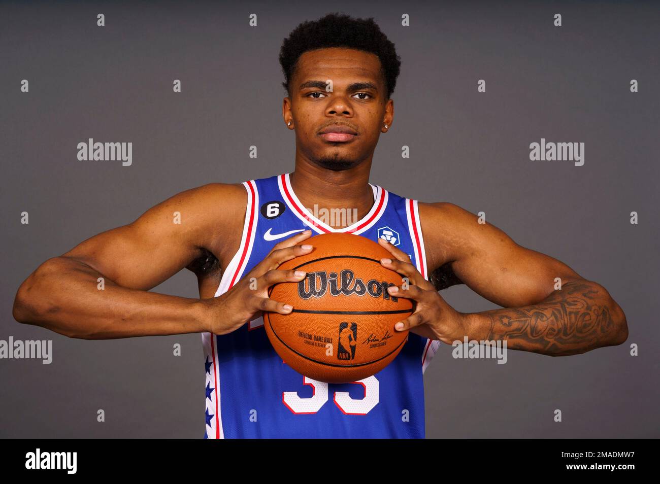Philadelphia 76ers' Michael Foster Jr. poses for a photograph during ...