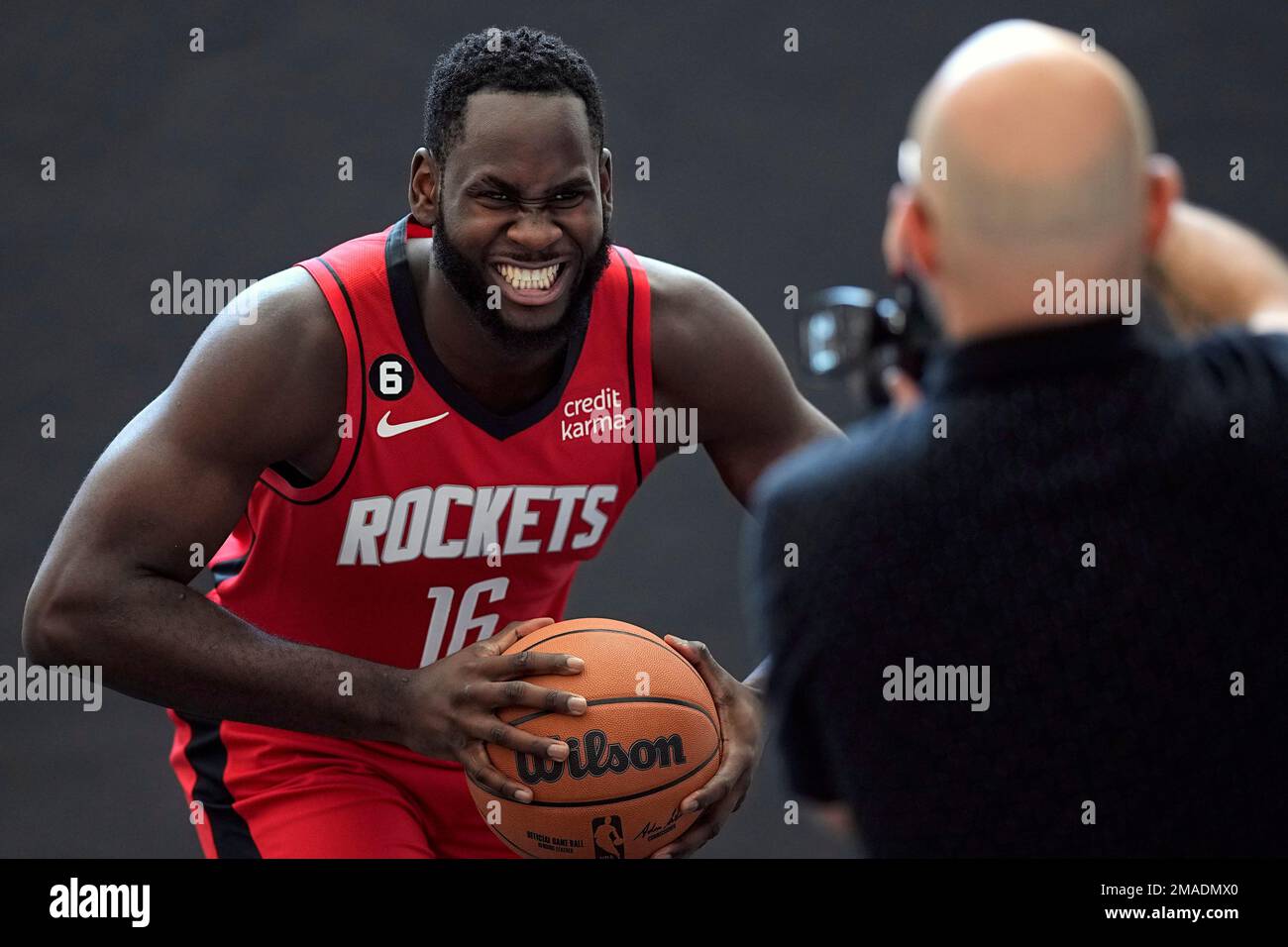 Houston Rockets' Usman Garuba poses for a photographer during an NBA ...