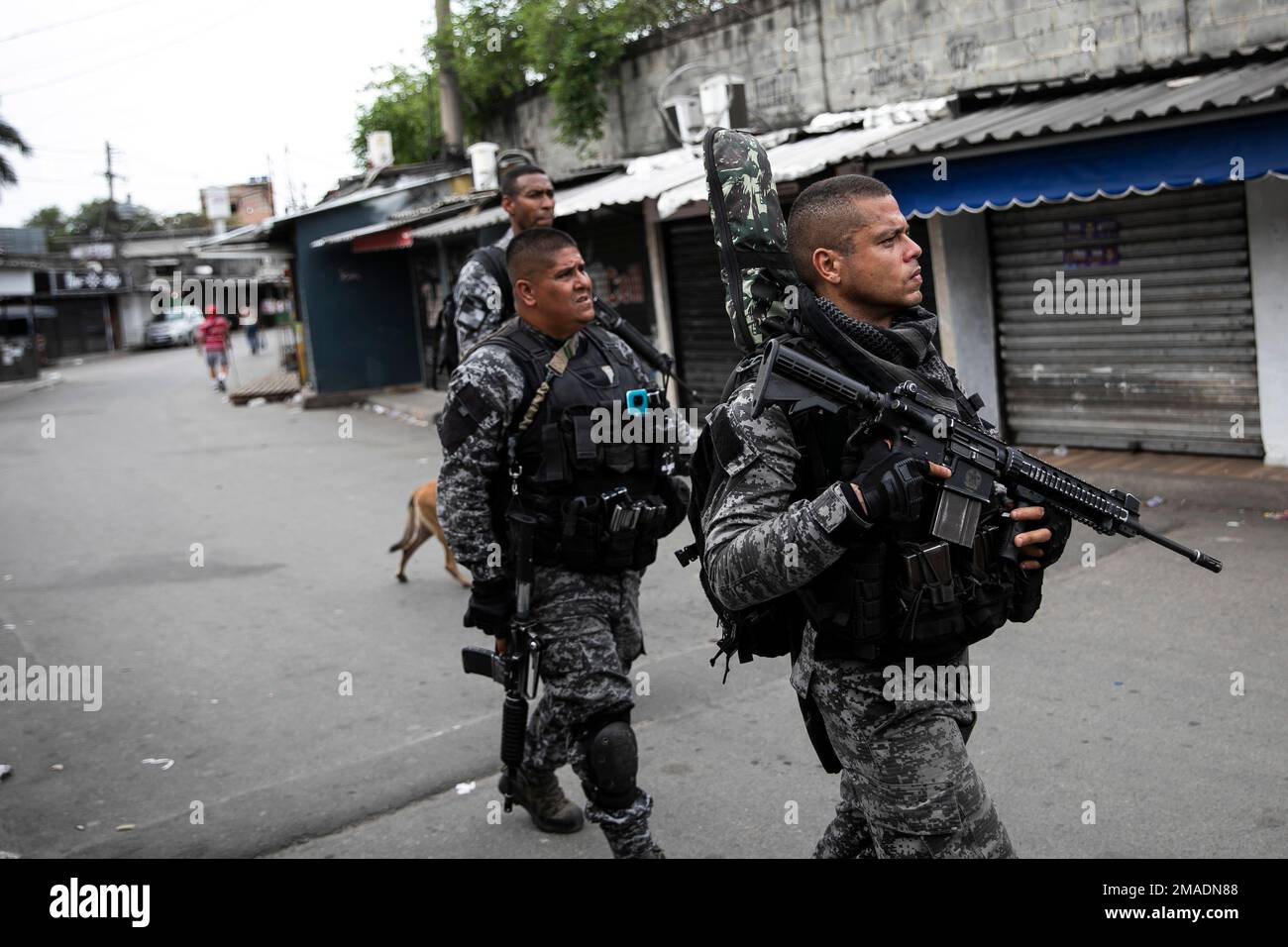 Police from the Dog Action Battalion patrol the Complexo da Mare favela ...