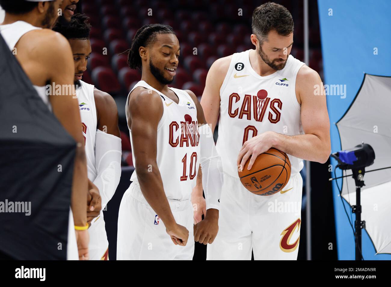 Cleveland Cavaliers guard Darius Garland (10) flexes next to Kevin Love ...