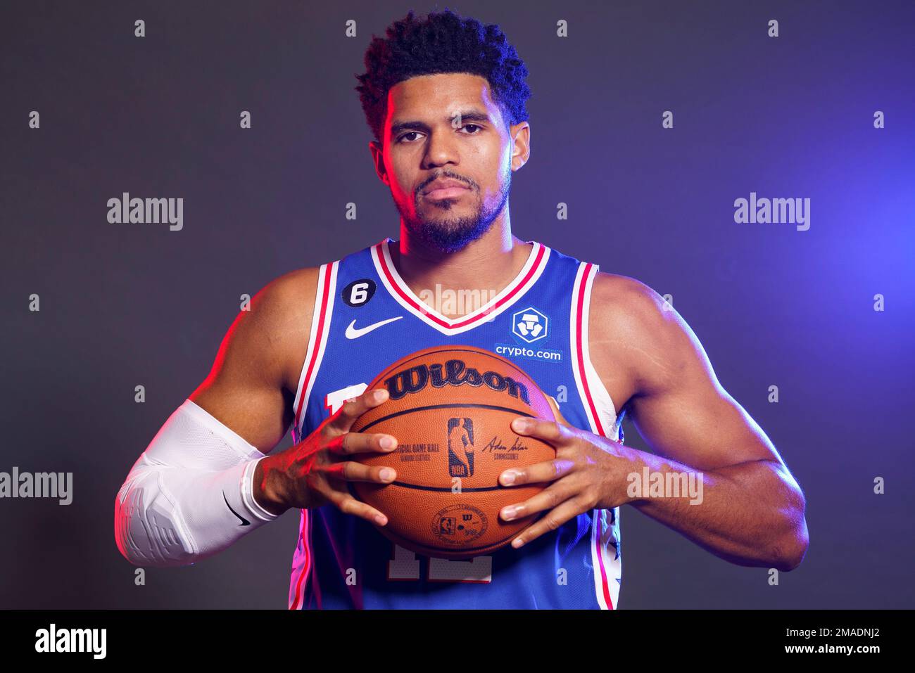 Philadelphia 76ers' Tobias Harris poses for a photograph during media ...