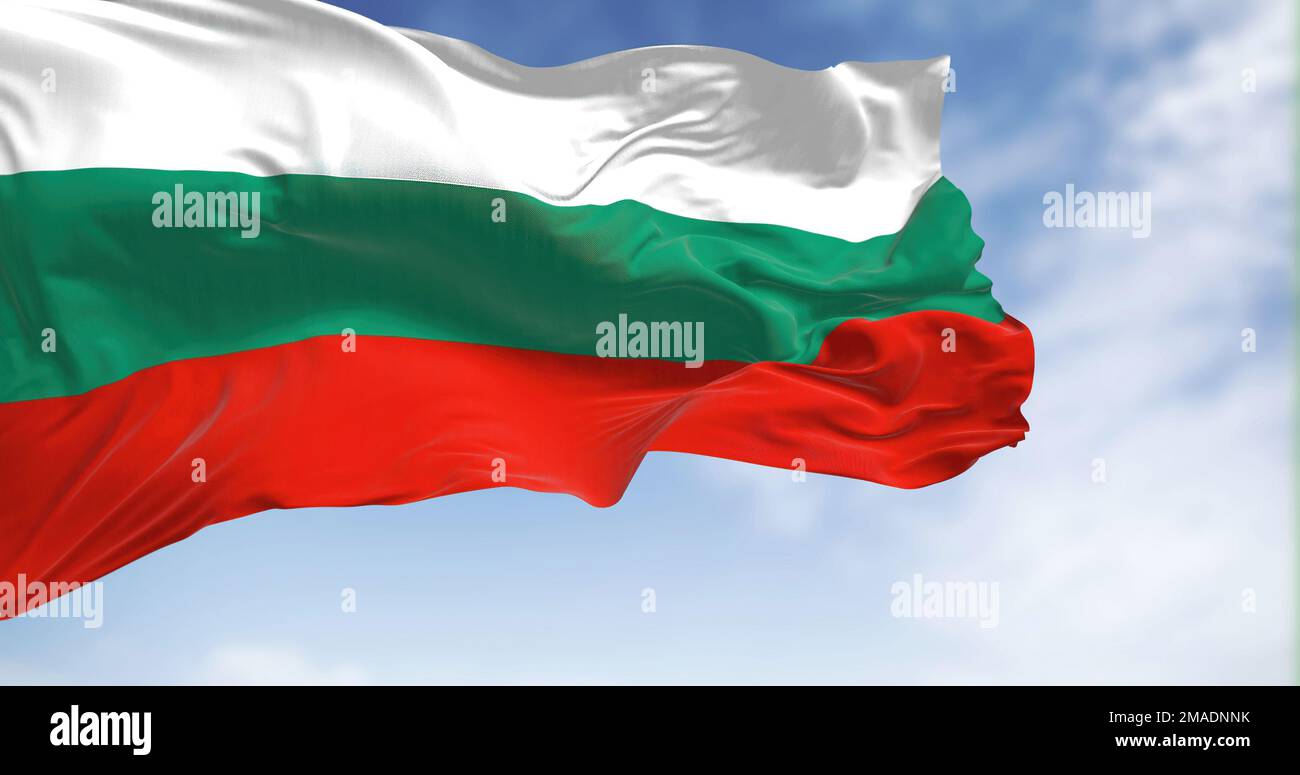 Close-up view of the Bulgaria national flag waving in the wind ...