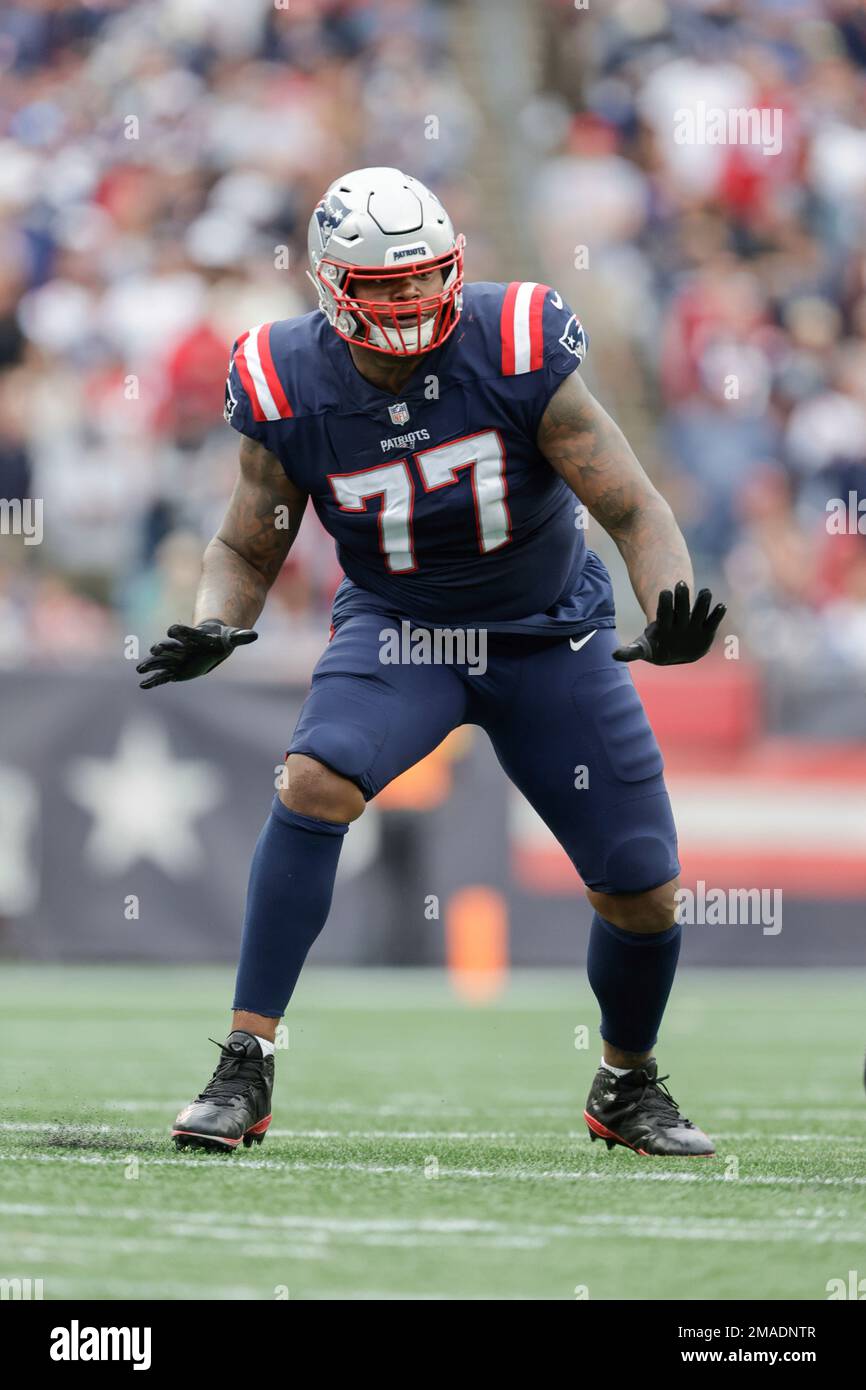 New England Patriots offensive lineman Trent Brown (77) blocks during the second half of an NFL ...