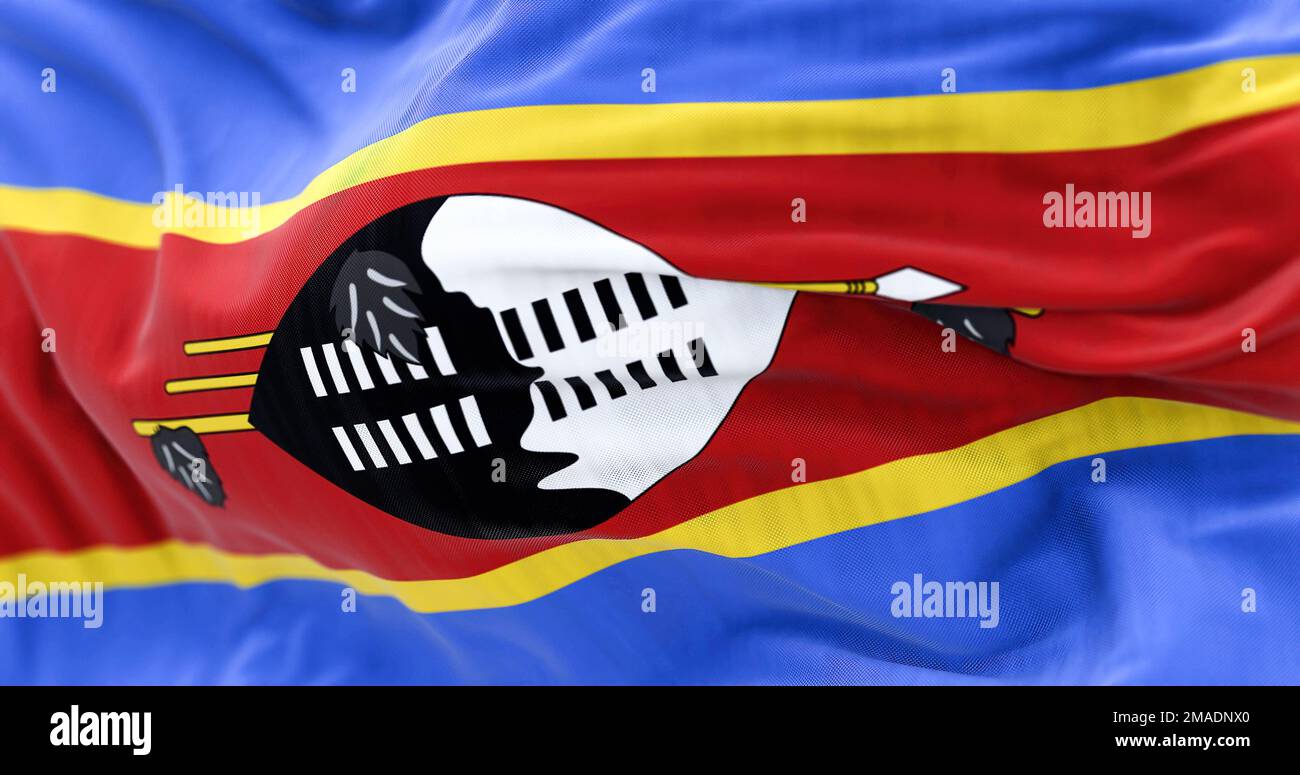 Eswatini national flag waving. The flag is blue, yellow, red stripes ... Eswatini national flag waving. The flag is blue, yellow, red stripes ...