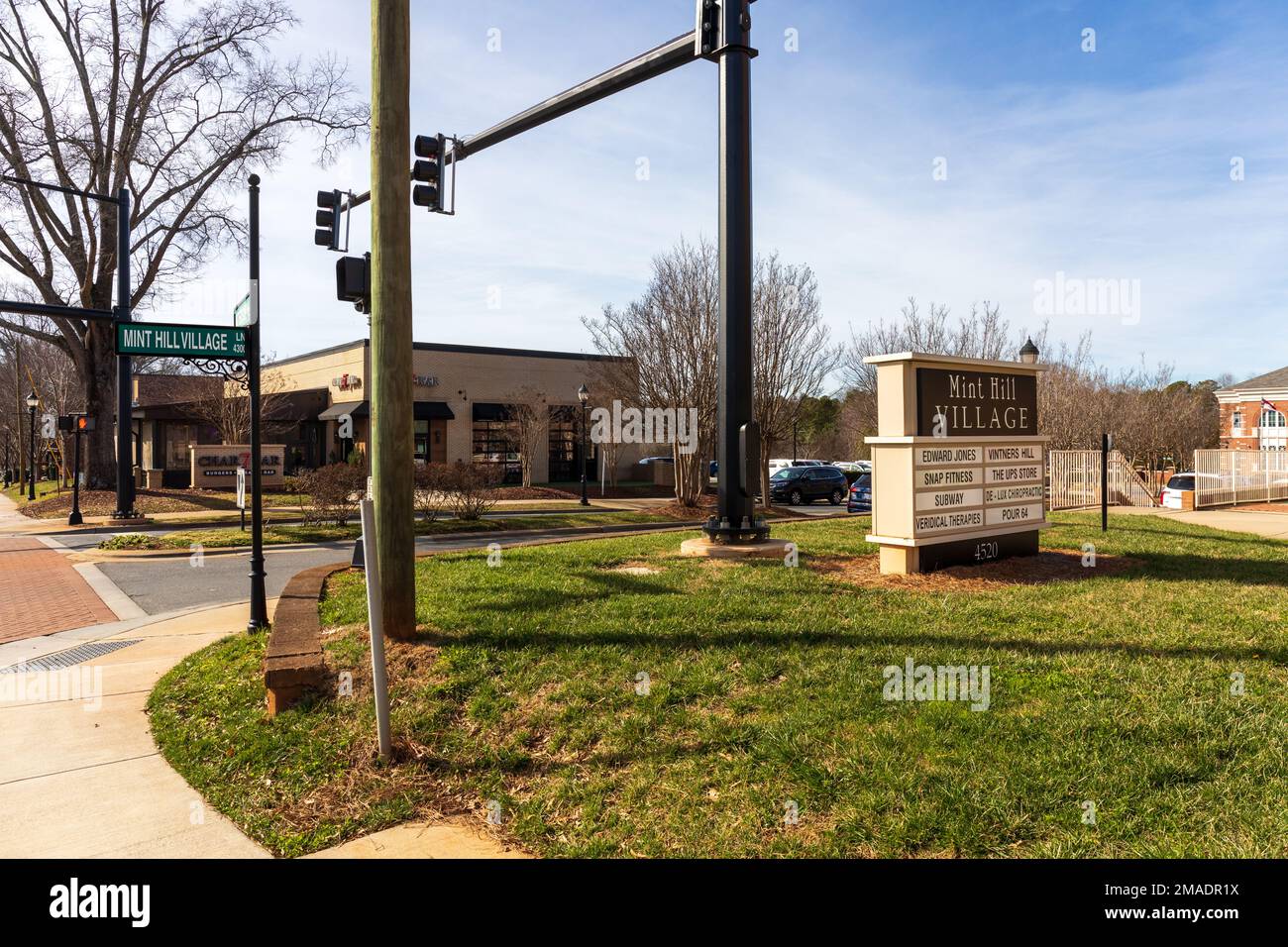 MINT HILL, NC, USA-15 JANUARY 2023: Entrance to Mint Hill Village, with ...