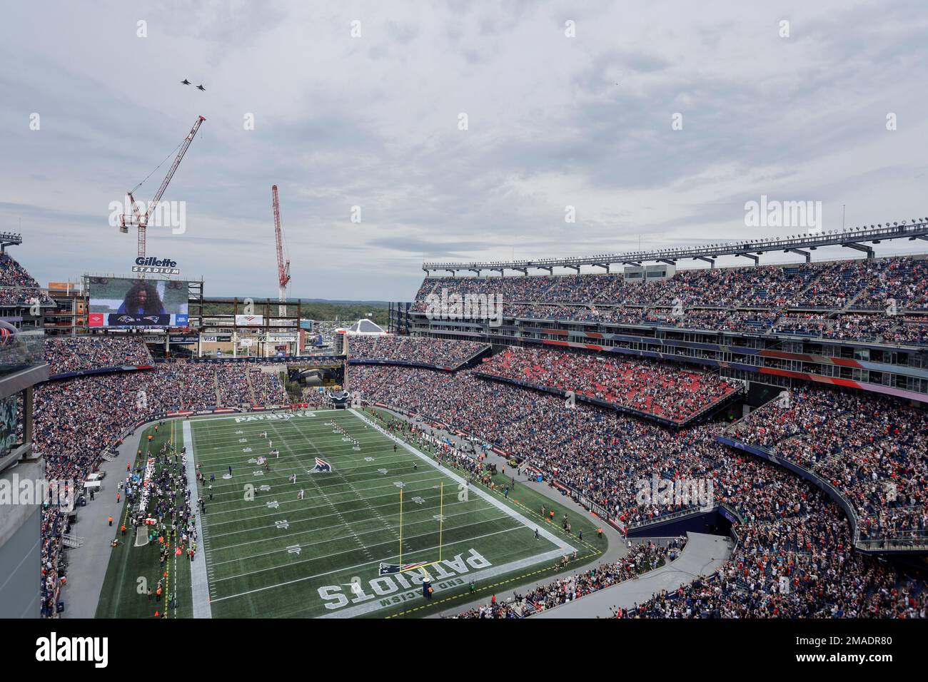 General view of Gillette Stadium as fighter jets perform a flyover ...