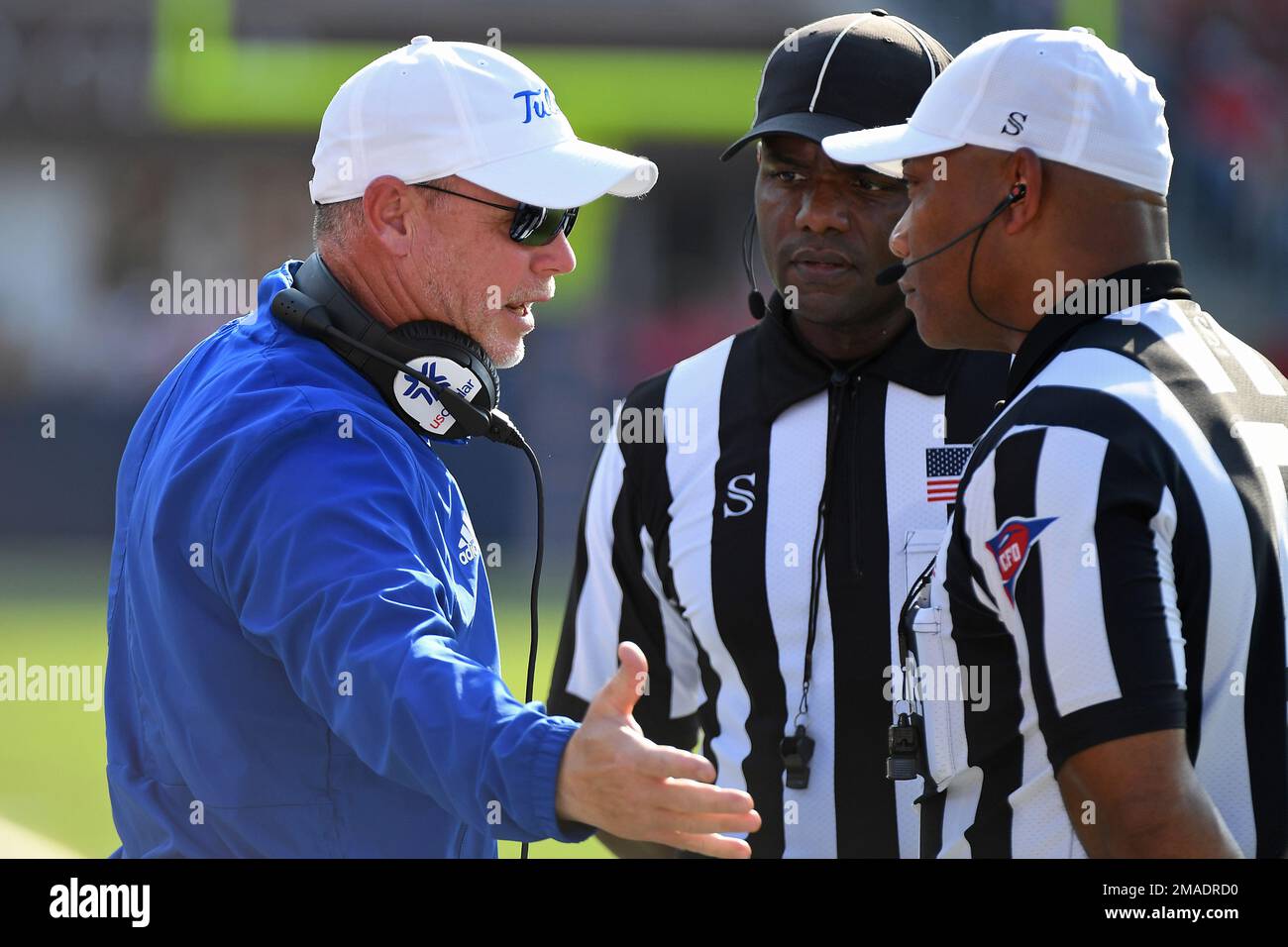 Tulsa head coach Philip Montgomery talks to officials during the first ...