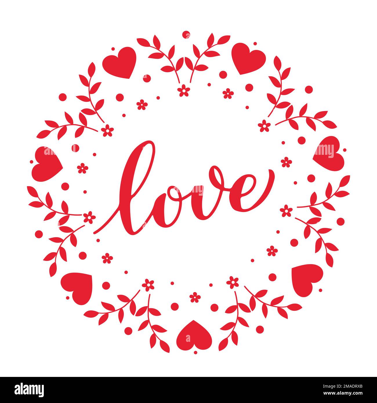 Love calligraphy hand lettering with floral round frame. Valentines day ...