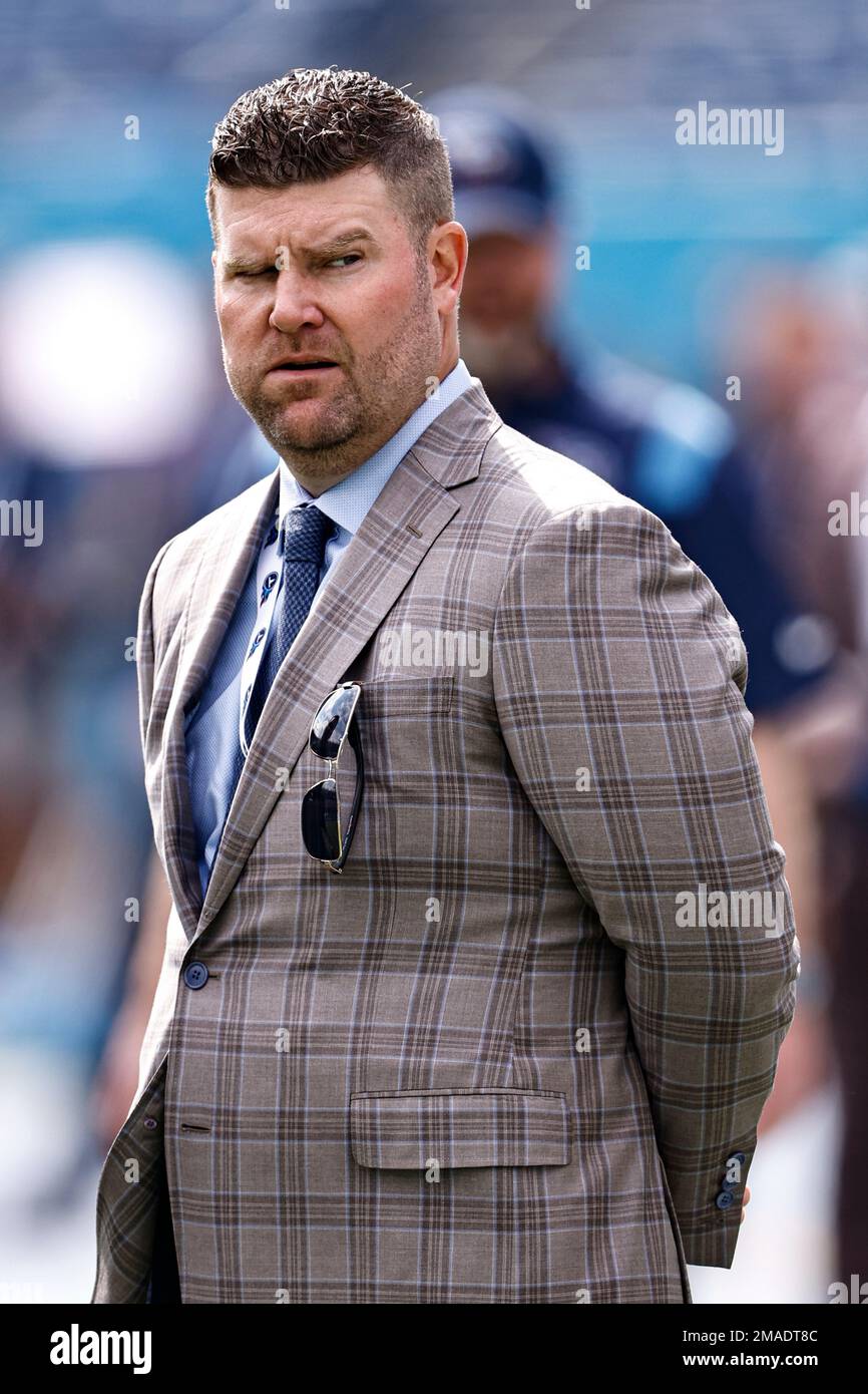 Tennessee Titans general manager Jon Robinson pauses on the sideline ...