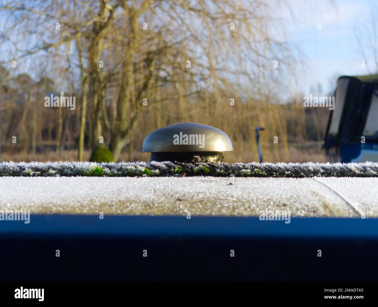 frozen mossy rope on roof of narrowboat Oxford canal Aynho Stock Photo ...