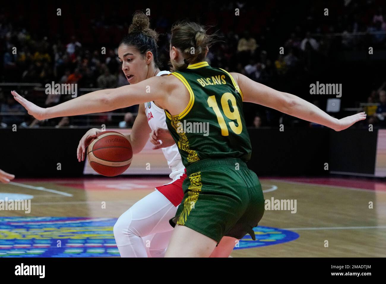 Australia's Sara Blicavs blocks Canada's Kia Nurse during their game at ...