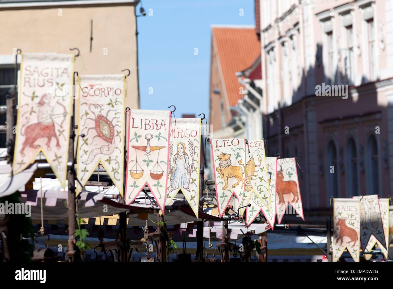 Estonia, Tallinn, medieval banners showing star signs Stock Photo - Alamy