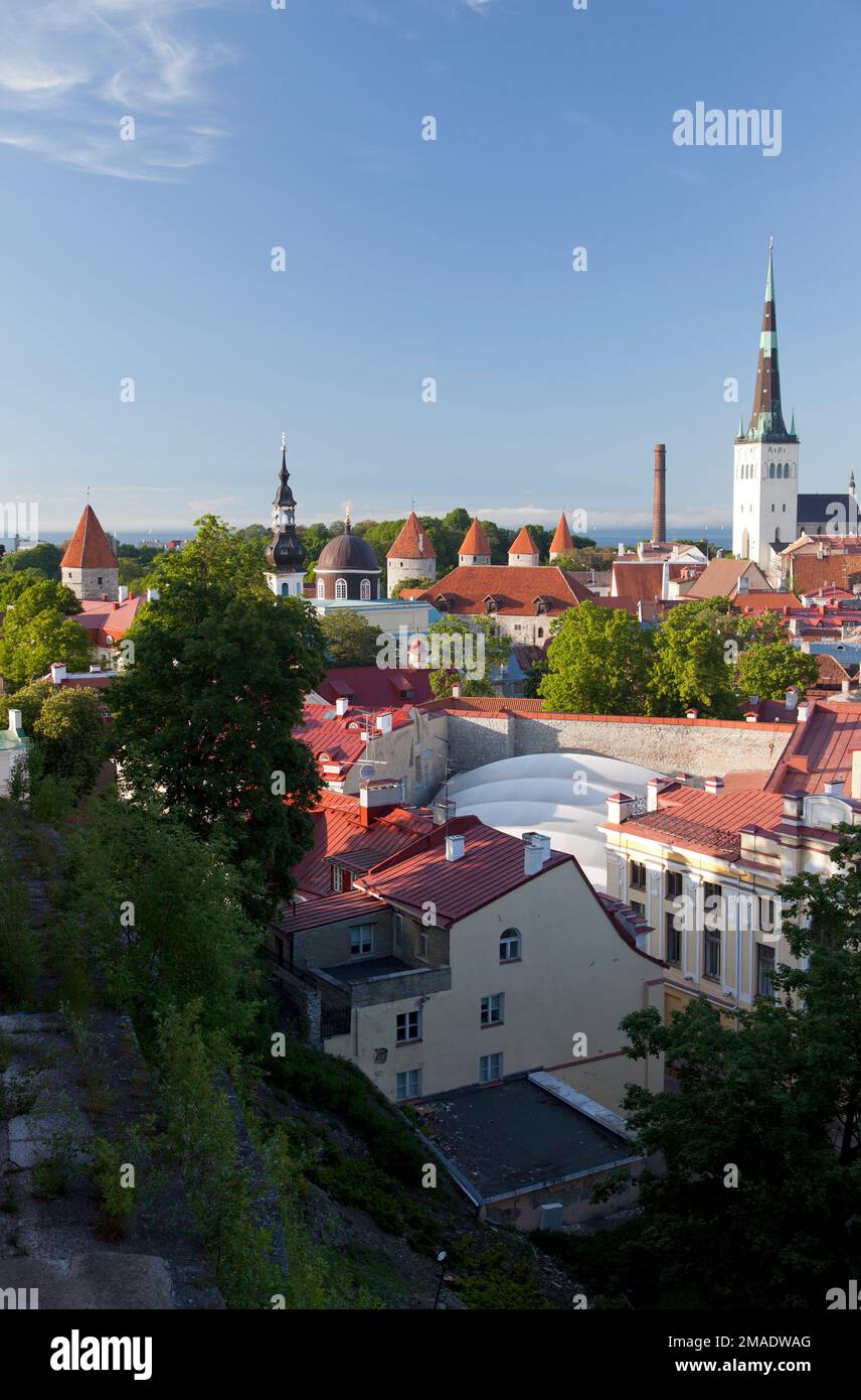 Estonia, Tallinn, view of Old Tallinn with guard towers and Olav church ...