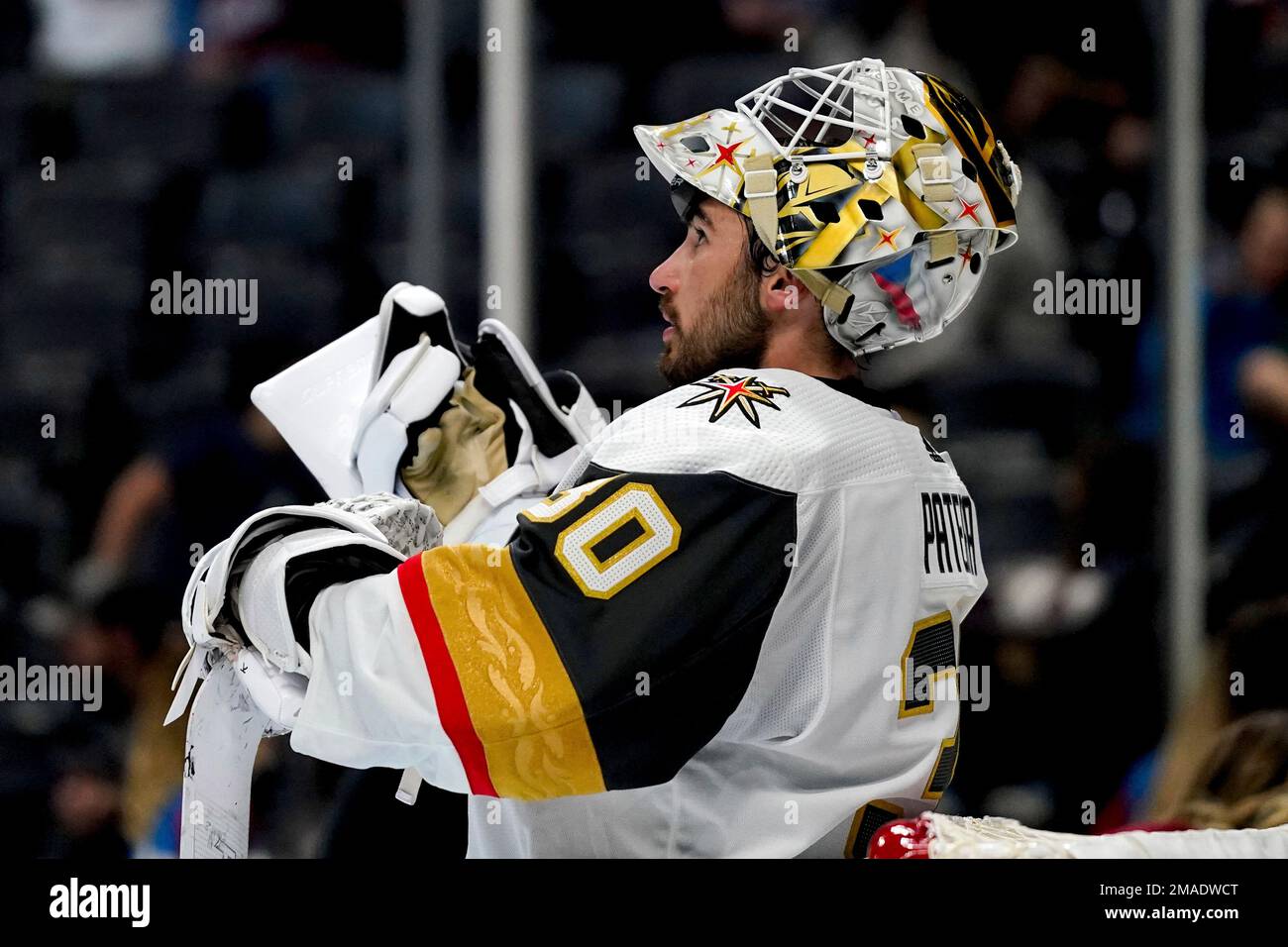 Vegas Golden Knights goaltender Jiri Patera looks on during a pause in ...