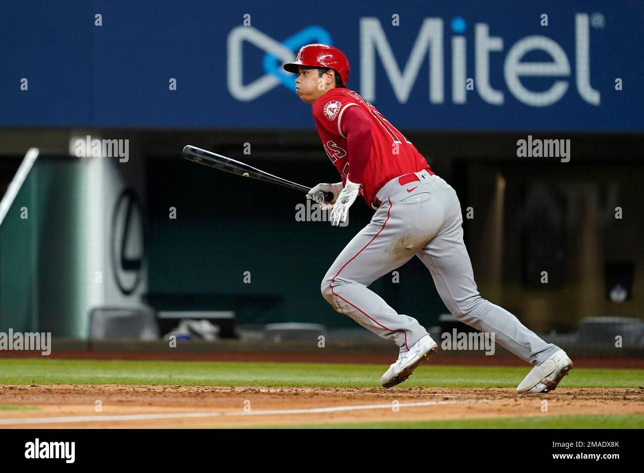 Los Angeles Angels' Shohei Ohtani sprints out of the batters box during ...