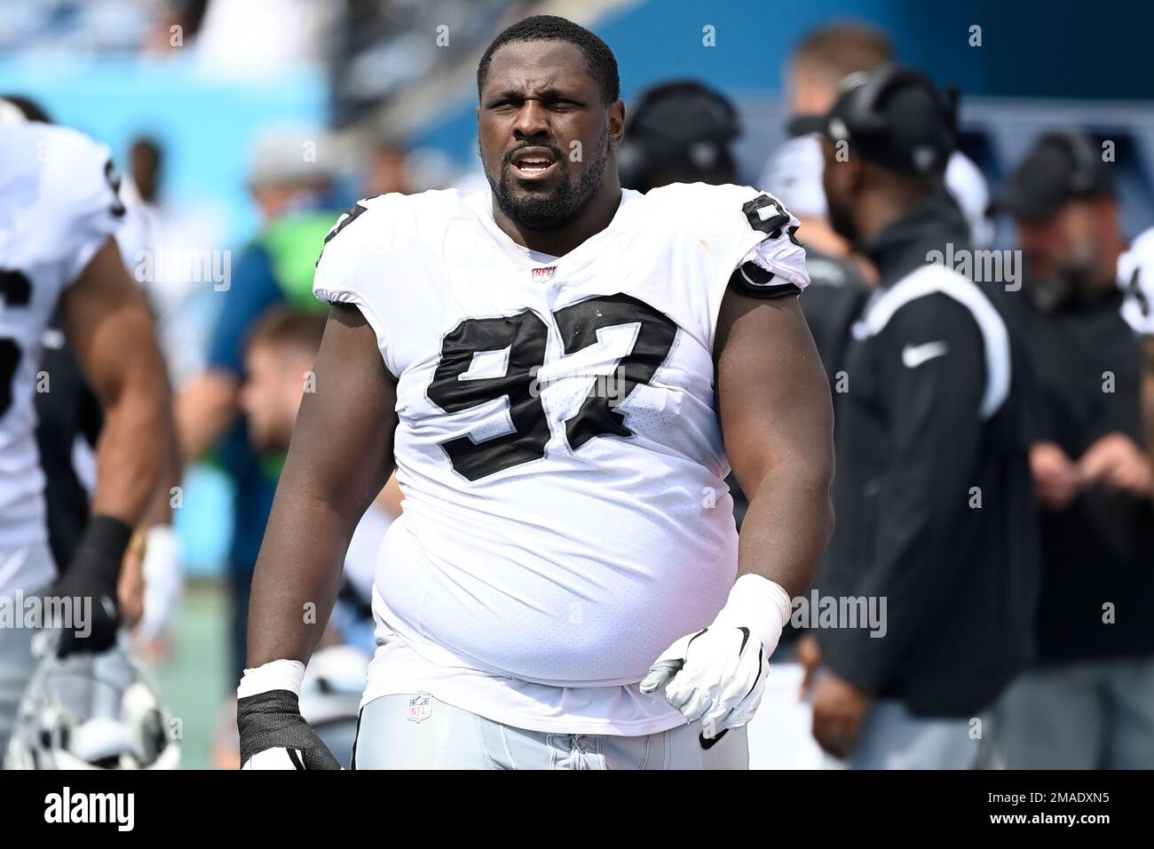 Las Vegas Raiders defensive tackle Andrew Billings (97) walks on the ...
