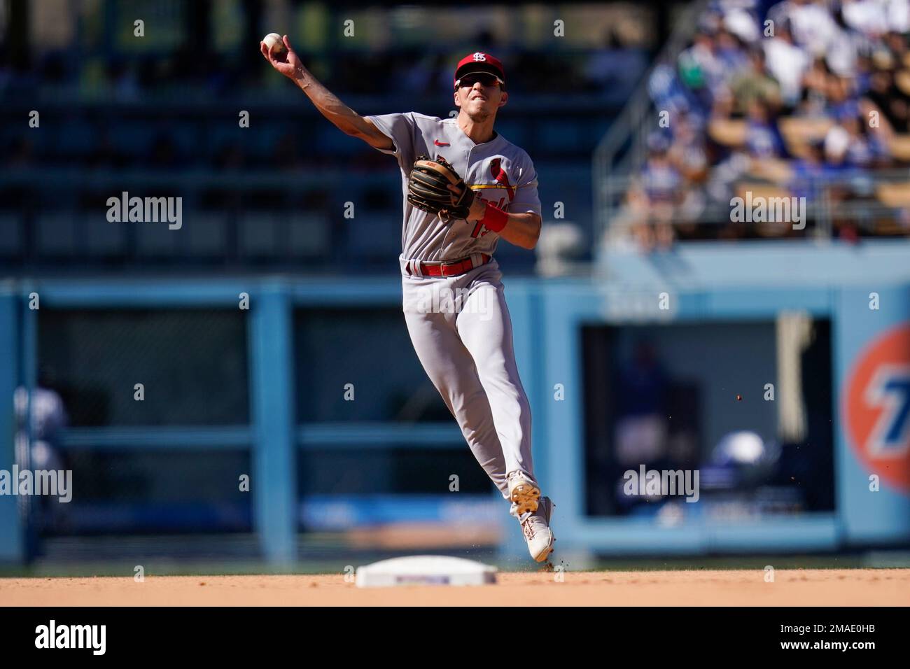 St. Louis Cardinals' Tommy Edman throws to first base for the out on ...